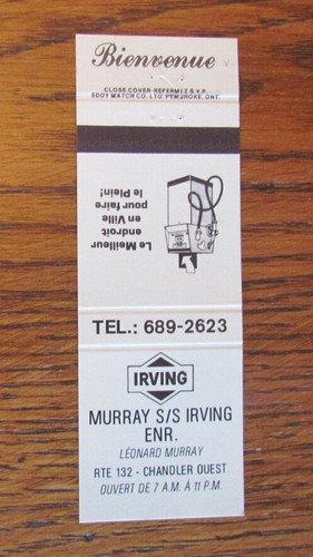 MURRAY IRVING GAS STATION MATCHBOOK COVER: CHANDLER, QC EMPTY MATCHCOVER -B13 | eBay