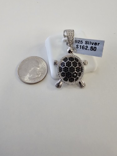 sterling silver Rodium pleaded Turtle Charm With Black And White Cz ...