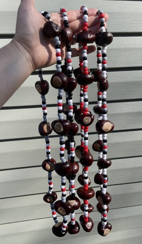Real Buckeye Necklace w/ Scarlet Gray Beads 32" Fits for Ohio State ...