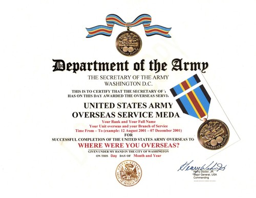 United States Army Overseas Service Medal Certificate with Medal and ...