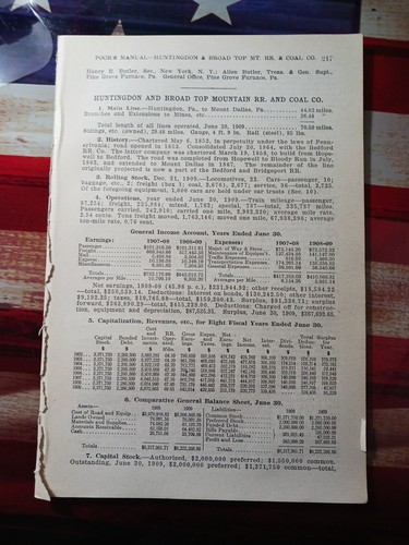 1910 Railroad Report HUNTINGTON & BROAD TOP MOUNTAIN RAILROAD AND COAL ...