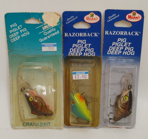(3) Vintage Tom Mann's Razorback Piglet Crankbait Fishing Lures Lot of ...
