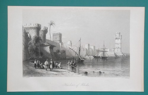 GREECE Harbor of Rhodes - 1850 Antique Print Intaglio by Bartlett | eBay
