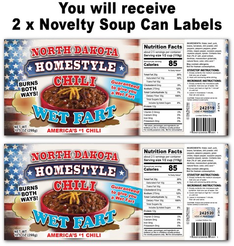 2x Funny Wet Fart North Dakota Chili Soup Can Labels Joke Gift Birthday ...
