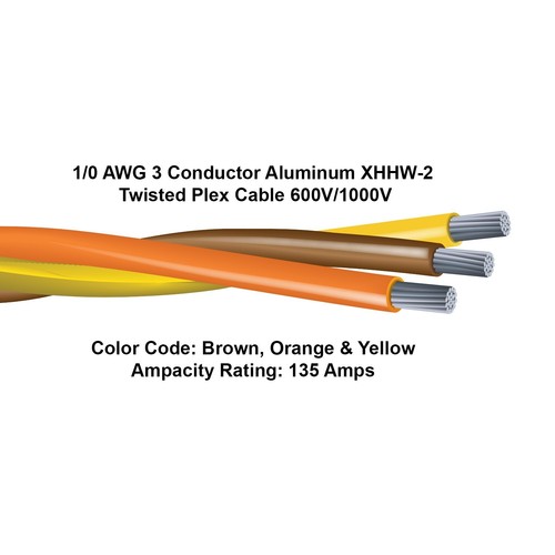 1/0-03PPLEX-BOY 1/0 AWG 3 Conductor Aluminum XHHW-2 Twisted Plex Cable ...