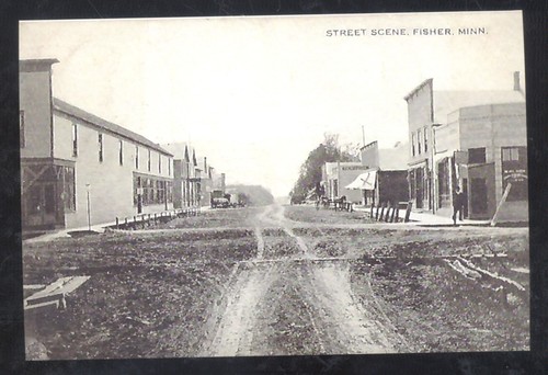 REAL PHOTO FISHER MINNESOTA DOWNTOWN DIRT STREET SCENE STORES POSTCARD ...