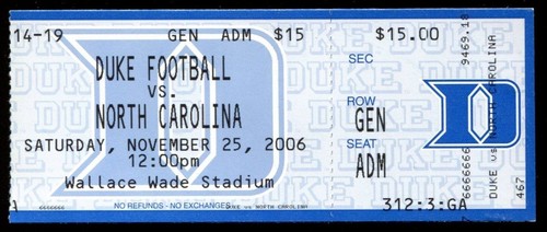 College Football Ticket North Carolina 2006 - 11/25 - Duke | eBay