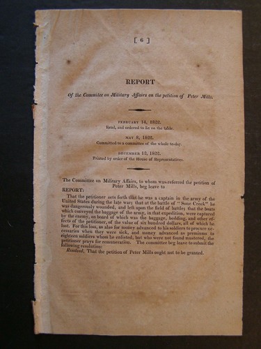 Government Report 1822 Peter Mills Captain in Army of U S Late War Sone ...