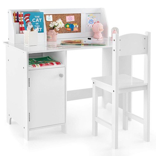 Kids Study Desk w/ Chair Children Table & Chair Set w/ Whiteboard White ...