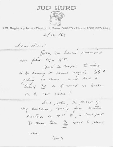 JUD HURD HAND SIGNED LETTER DATED 2/26/69 ABOUT DELIVERY OF CARTOONS ...