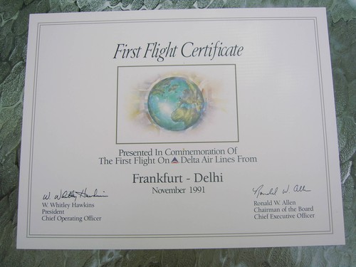 DELTA AIR LINES FIRST FLIGHT CERTIFICATE DELTA FRANKFURT - DELHI | eBay