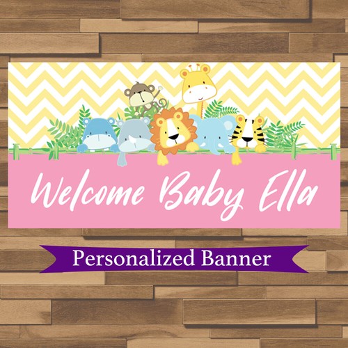 18"x36" Baby Animal Jungle Safari Baby Shower Personalized Party Banner ...