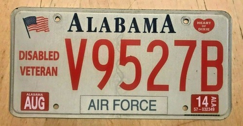 ALABAMA DISABLED VETERAN LICENSE PLATE " V 9527 B " AL AIR FORCE USAF ...