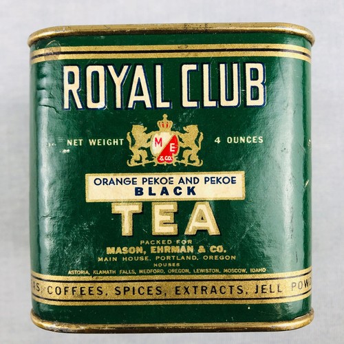 Vintage ROYAL CLUB TEA TIN Orange Pekoe Black Mason Ehrman Co Portland ...