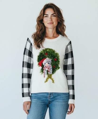 Lavender Moon Sweater Women Large Ugly Christmas Wreath Cat Scarf Santa ...