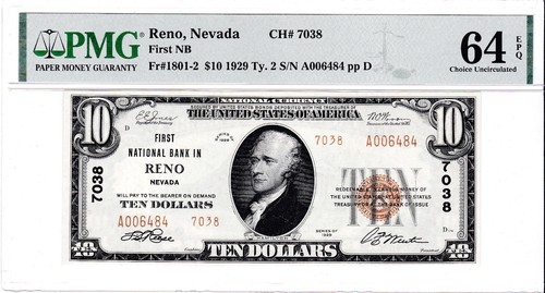 $10 1929 T2 National RENO Nevada NV 🇺🇸 PMG 64 EPQ Choice Uncirculated ...