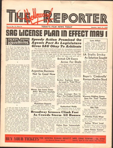 APRIL 15 1939 HOLLYWOOD REPORTER movie magazine SAG LICENSE PLAN IN ...