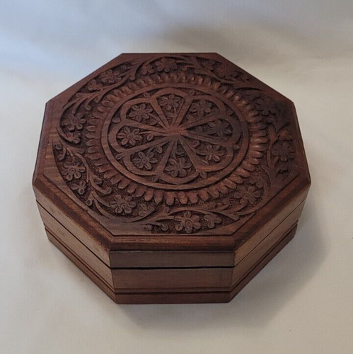 VTG Hinged Octagonal Wood Trinket Jewelry Box with Hand Carving | eBay