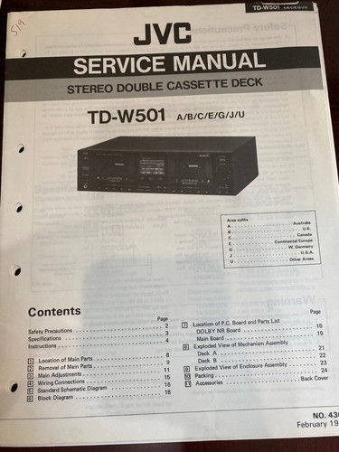 JVC TD-W501 TDW501 A/B/C/G/J/U Service Manual FROM THE USA **ORIGINAL ...