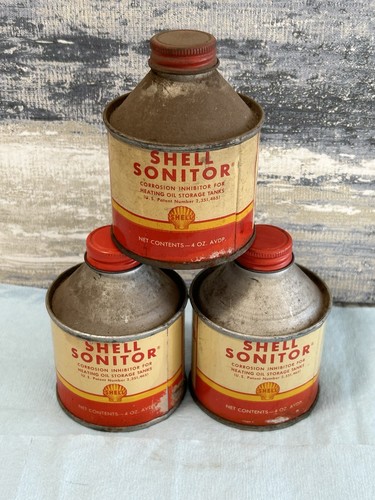 Antique Shell Oil Gas Station Tin Can Set Of 3 Cans Cone Top | eBay