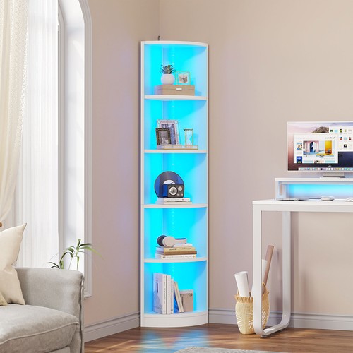 5-Tier LED Corner Shelf 71" Tall Wood Bookcase Bookshelf Open Storage ...
