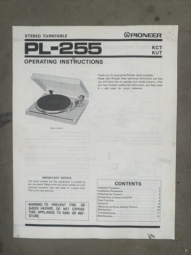 Pioneer PL-255 Stereo Turntable Operating Instructions User Manual | eBay