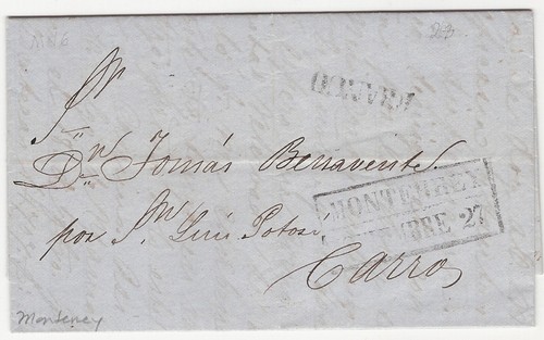 MEXICO 1861 MONTERREY SELLO NEGRO LETTER TO CARRO VIA S. L. POTOSI ...