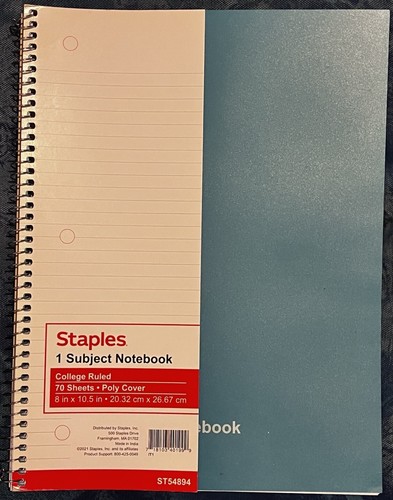70 Sheet 1 Subject Spiral Notebook Staples College Ruled 3 Hold Punched ...