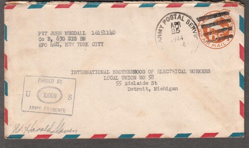 WWII censor cover Pvt John Megdall Co B 63rd Sig Bn APO 464 Caserta ...