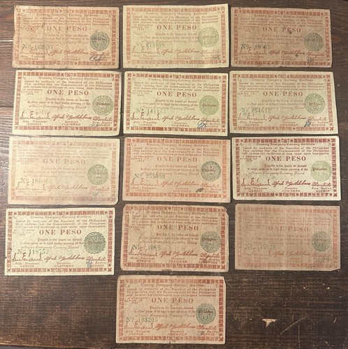 1943 Philippines 1 Peso Guerrilla Notes Lot of 13 WWII Emergency ...