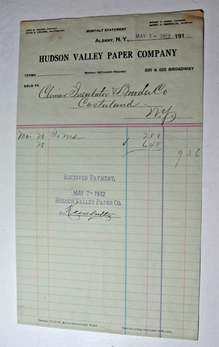 May 1, 1912 Hudson Valley Paper Co. Invoice Sent to Company in ...