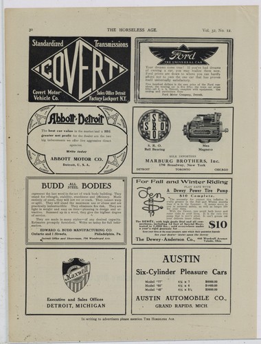 1913 Auto Ads on 1 Pg: Abbott Detroit, Maxwell, Austin, Dewey Tire Pump ...