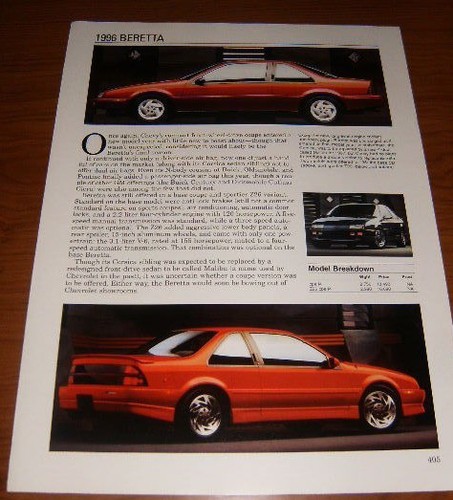1996 Chevy Beretta Spec Sheet Info Photo 96 Z26 V6 3.1 2.2 Coupe | eBay