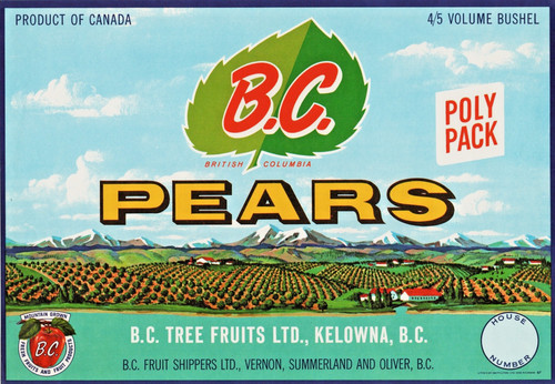 B.C. PEARS Original Canadian Fruit Crate Label Poly Pack B.C. Fruit ...