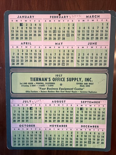 Vintage 1957 Calendar, Tiernan's Office Supply, Pomona and Covina ...