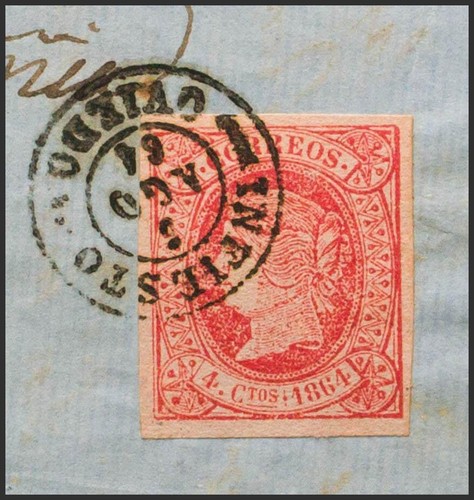 Asturias. Philately. Fragment 64. 1864. 4 Cuartos Red, Cover Fragment ...