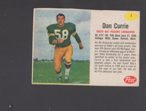 1962 Post Football Card #1 Dan Currie-Green Bay Packers Vg Ex Card | eBay