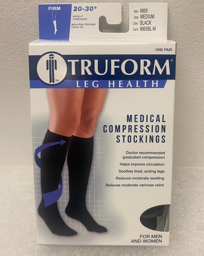 Truform 8865BL-M Medium Black Compression Stockings Knee Closed Toe 20 ...