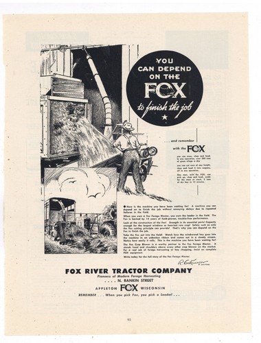 1949 Fox River Tractor Co. Ad: Fox Forage Master, Crop Blower ...