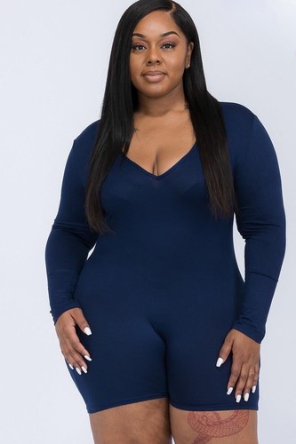 Plus Dark Blue V-neck Long Sleeve Bodycon Romper | eBay