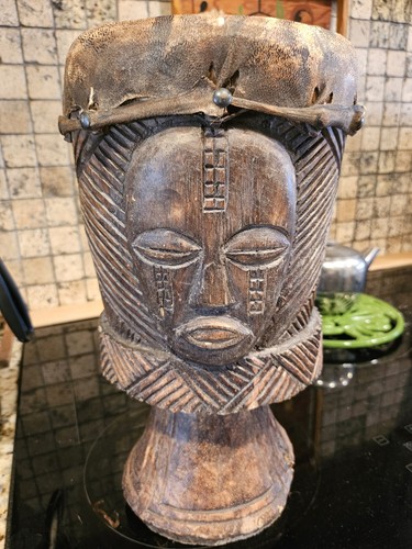 Vintage 13" X 7" Hand Carved Tribal Face Asante Djembe Drum Ghana Skin ...