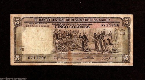 EL SALVADOR 5 COLONES P109 1967 *Commemorative* COLON LATINO MONEY BILL ...