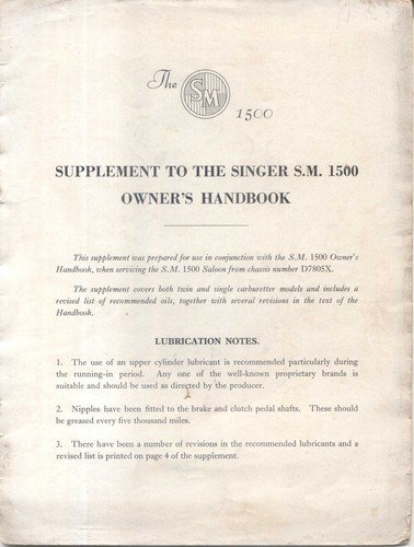 Singer SM 1500 SUPPLEMENT Handbook from chassis D7805X 1953 Pub. 111BS ...