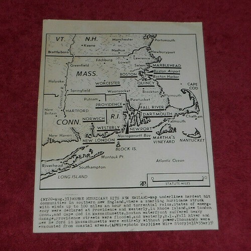 Map of New England States & Cities Hit by Powerful Hurricane - 1954 ...