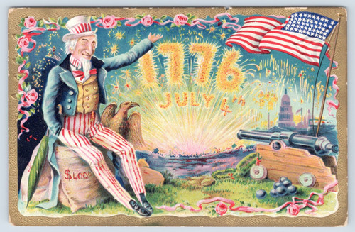 4th Of July Patriotic Postcard-Uncle Sam, 1776 Fireworks, Cannon ...