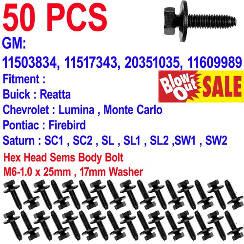 50x Hex Head Sems Body Bolt M6-1.0 x 25mm, 17mm Washer GM 11503834 ...