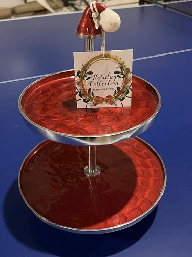 SILVER TWO TIER SERVER WITH SANTA HAT TOP AND RED TRAYS | eBay