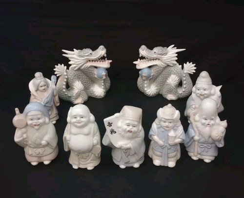 Pair of Yashimi K Porcelain Light Blue Dragon & 7 Lucky Gods Figurines ...