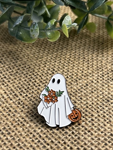 Halloween Ghost Holding Flowers and Pumpkin Lapel Pin | eBay