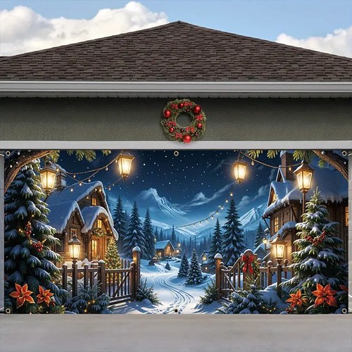 Snowy Village Christmas Garage Door Cover Door Banner Party Holiday ...
